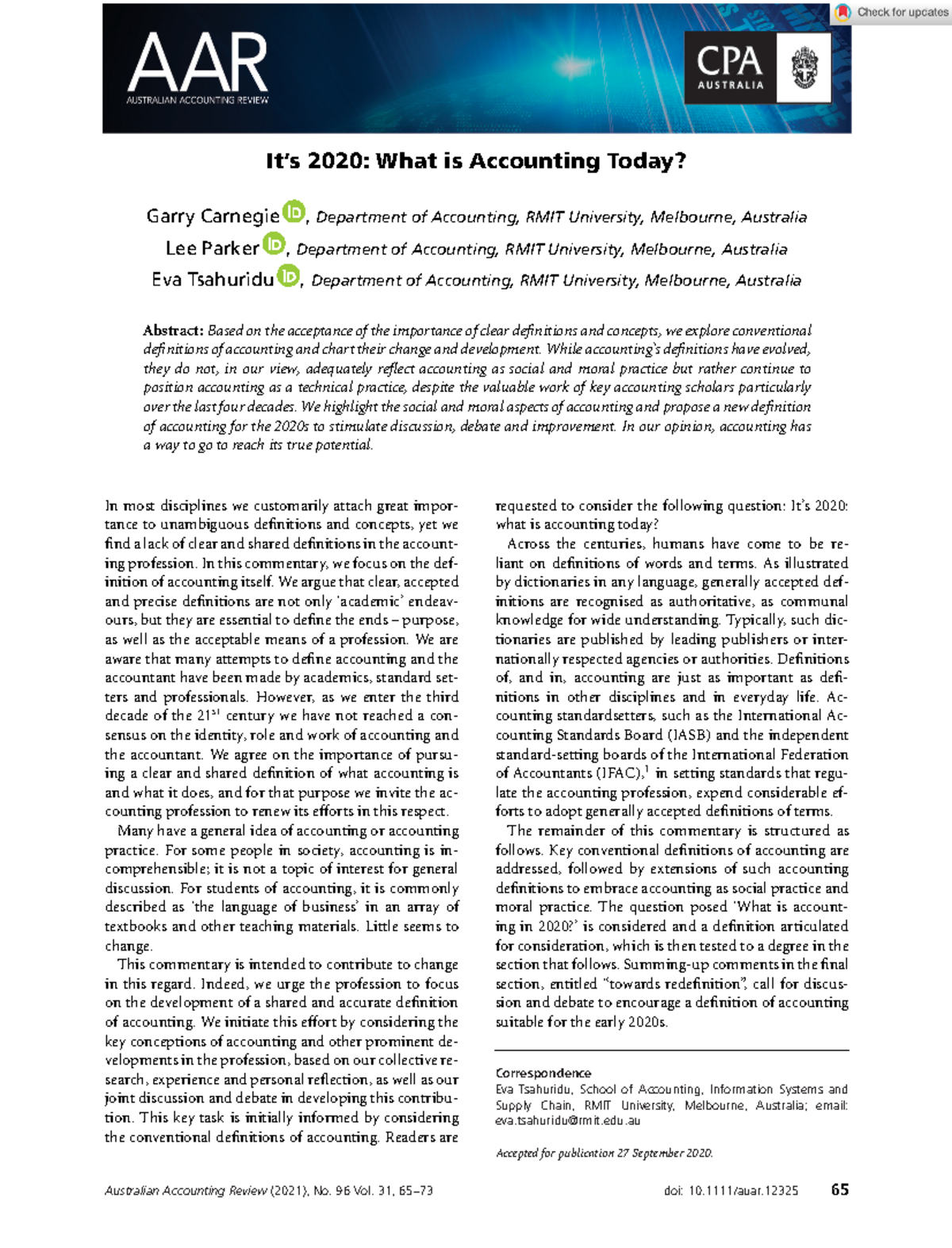 Australian Accounting Review - 2020 - Carnegie - It s 2020 What is ...