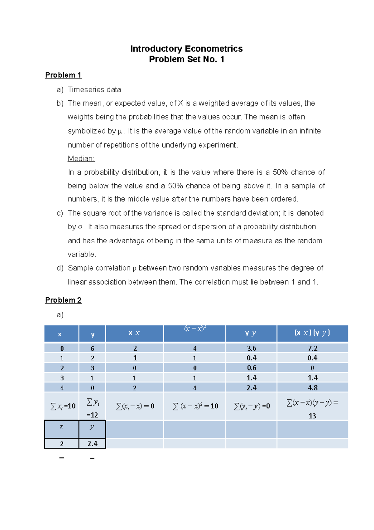 Homework 1 Summary Introductory Econometrics Introductory Econometrics Problem Set No 1