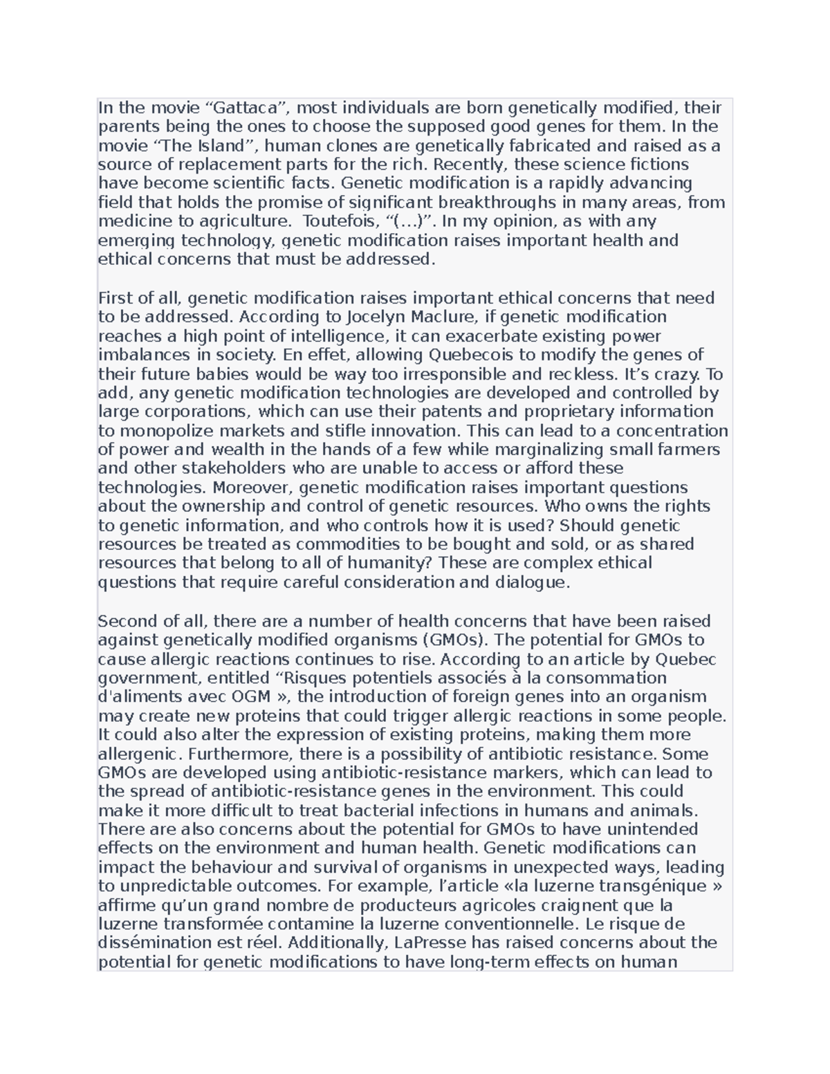 Argumentation - In the movie “Gattaca”, most individuals are born ...