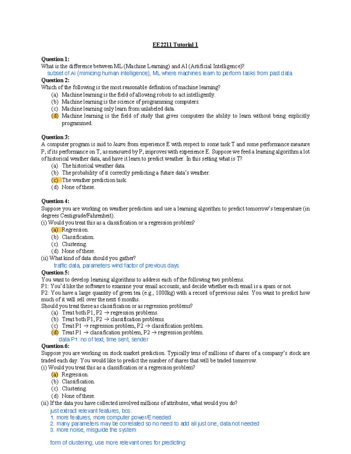 Tutorial 1 Question - tut - EE2211 Tutorial 1 Question 1: What is the difference between ML ...