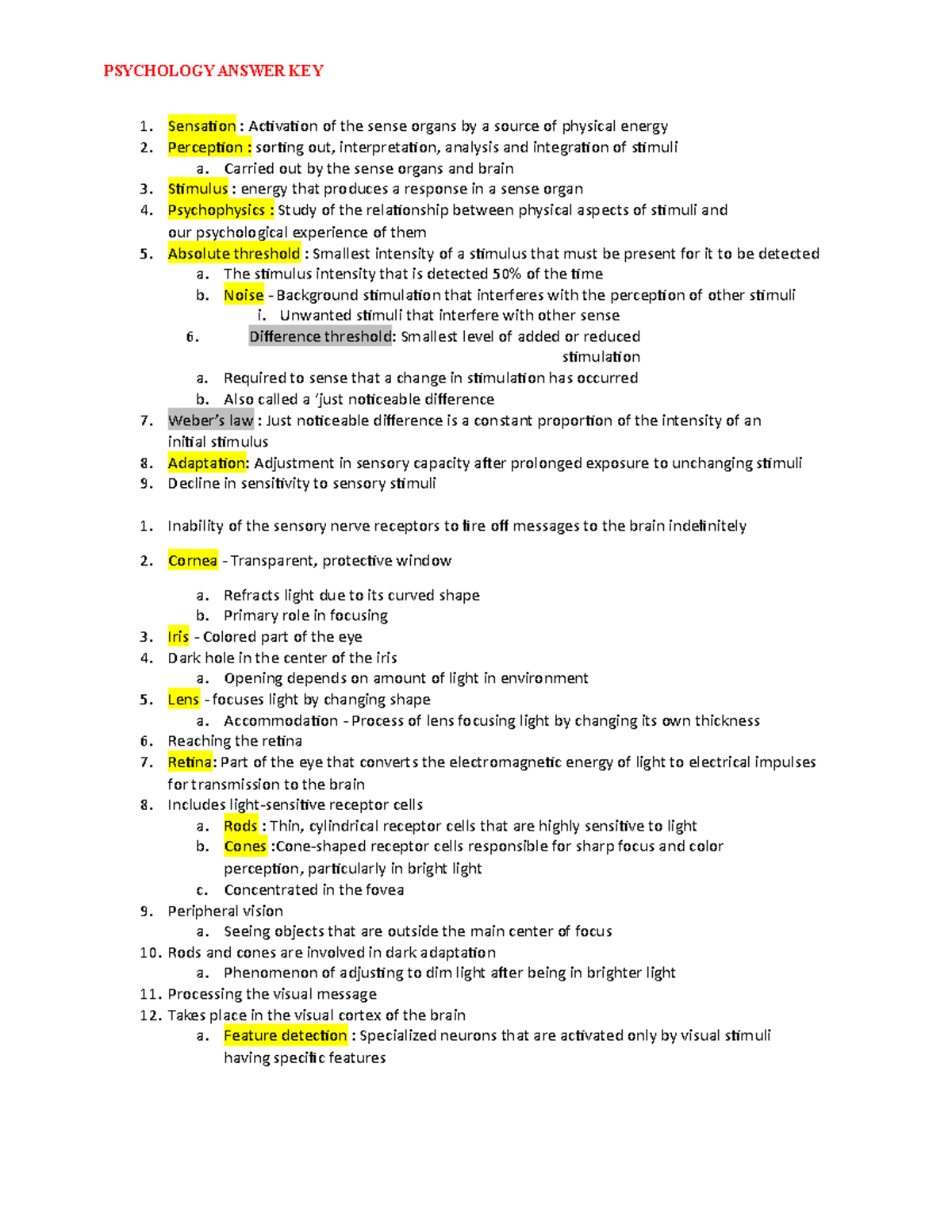 Psychology Answer Key 2.1 - PSYCHOLOGY ANSWER KEY Sensation ...