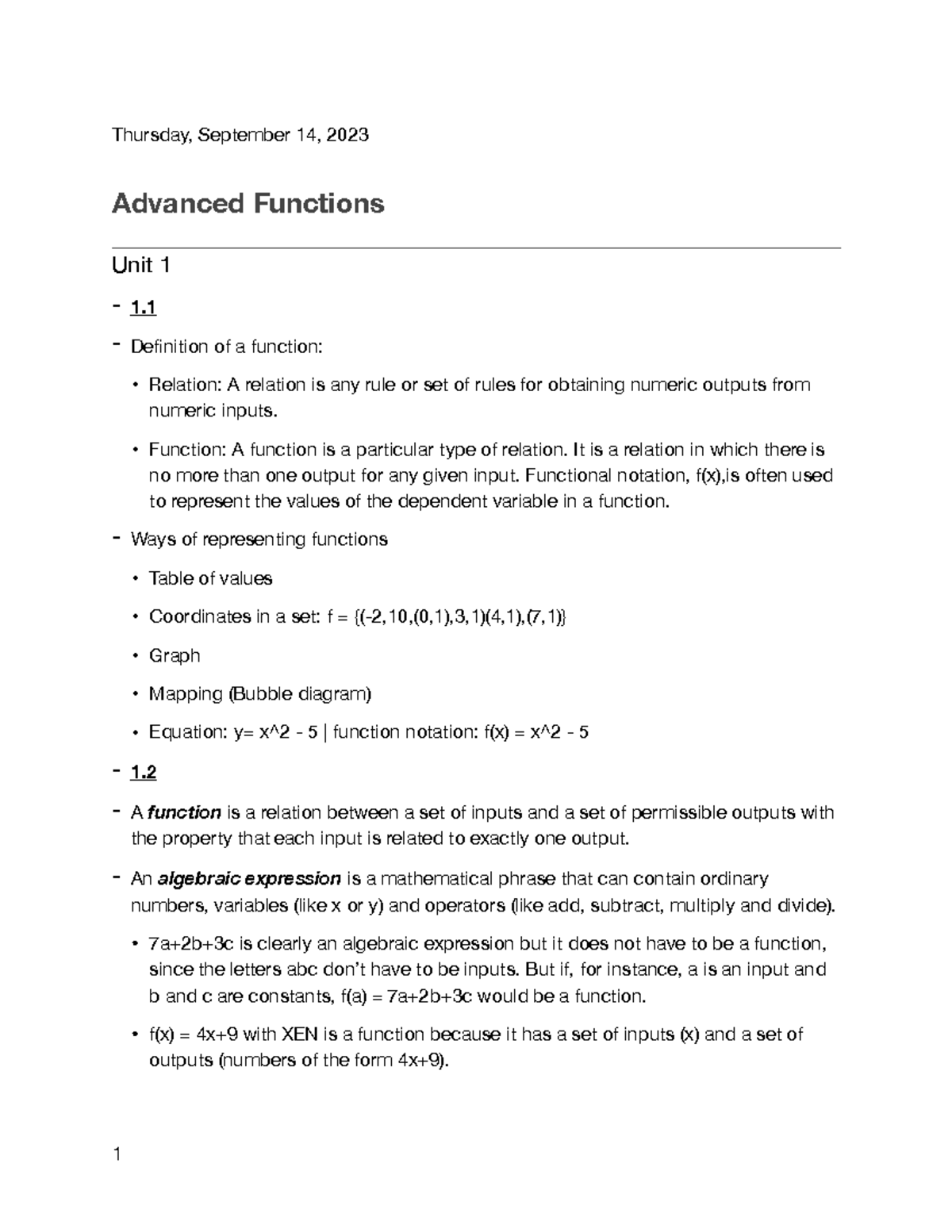 MHF4U Notes - Thursday, September 14, 2023 Advanced Functions Unit 1 ...