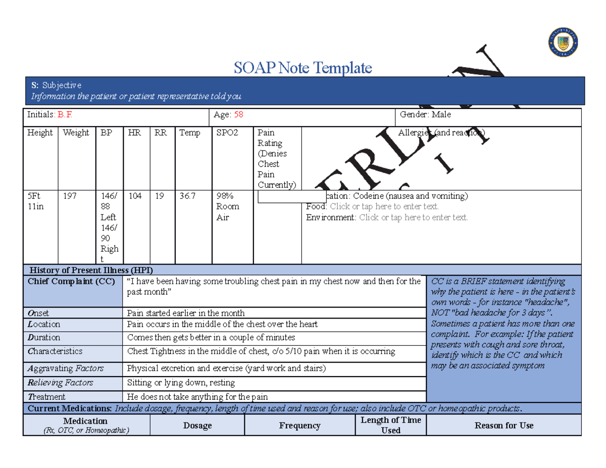Week 4 Shadow Health Assignment Chest Pain - SOAP Note Template S ...