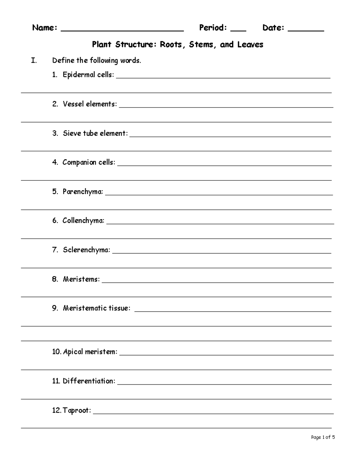 Plant Structure Worksheet for students normally at north Miami senior ...