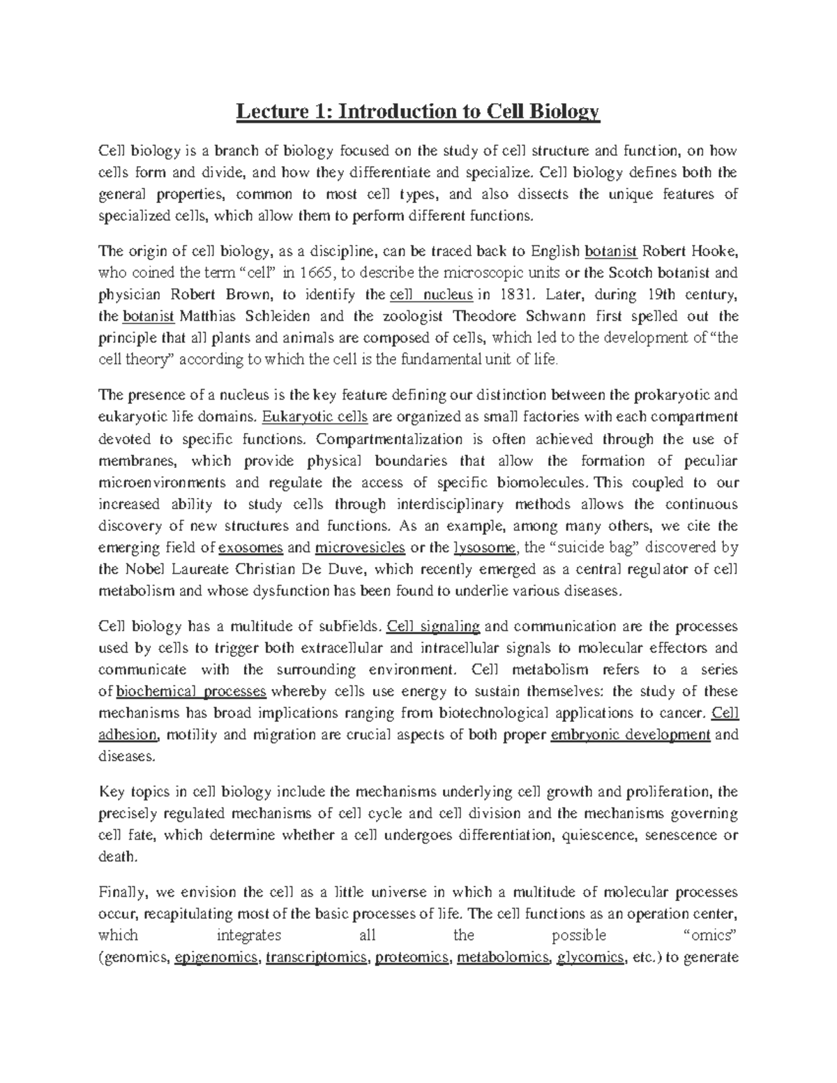 Cell Bio Lecture 01 - Lecture 1: Introduction to Cell Biology Cell ...