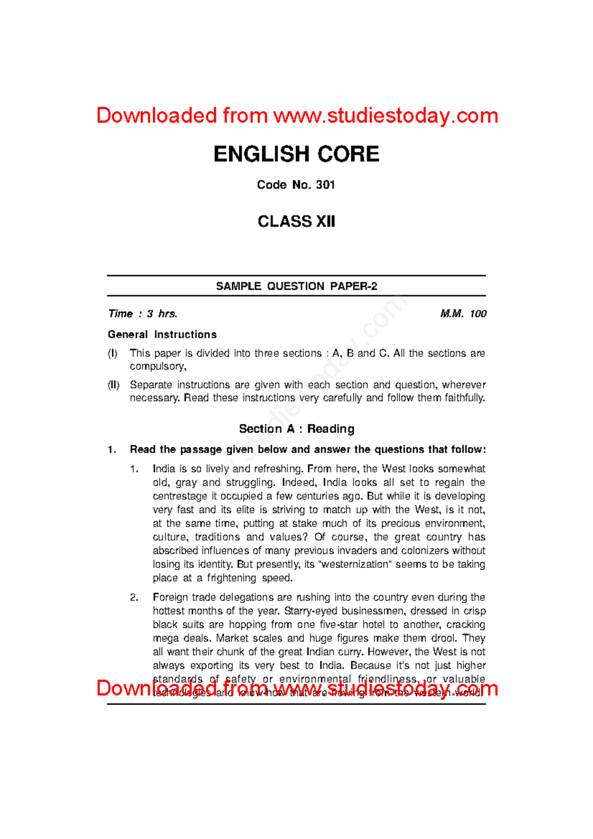 CBSE Class 12 English Core Sample Paper 2013 (11) - ENGLISH CORE Code ...