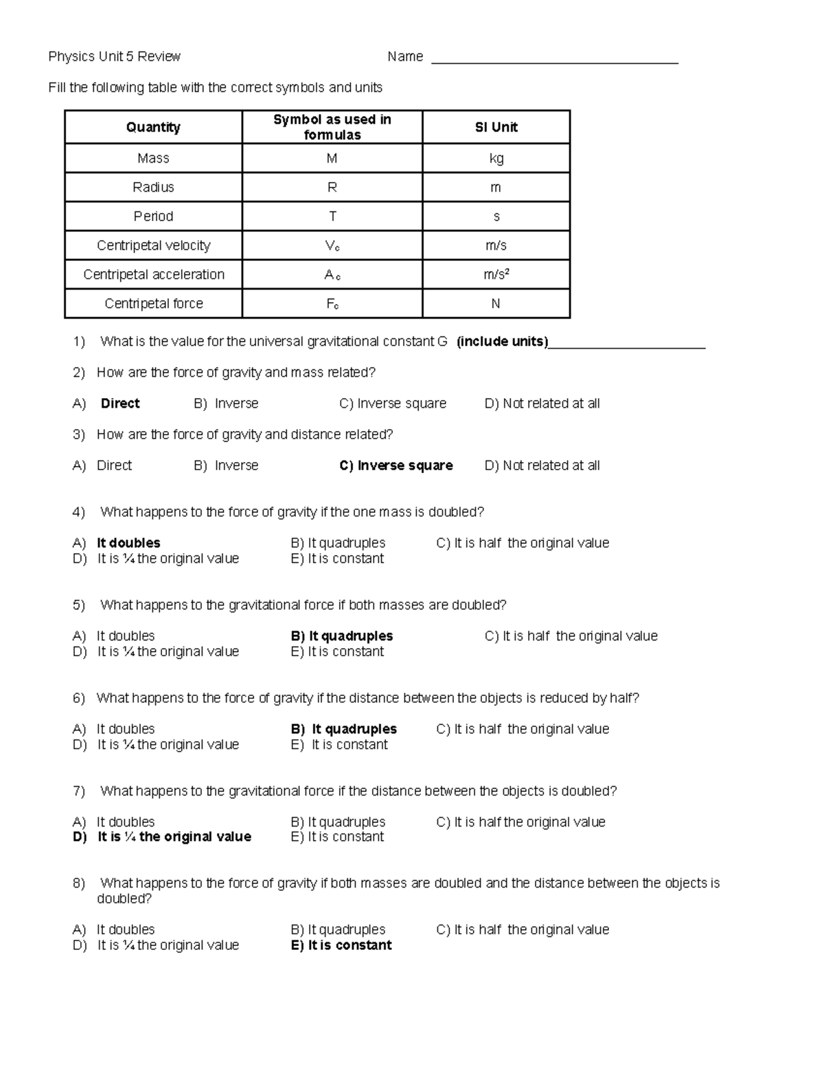 Unit 4 physics review answer key - Physics Unit 5 Review Name
