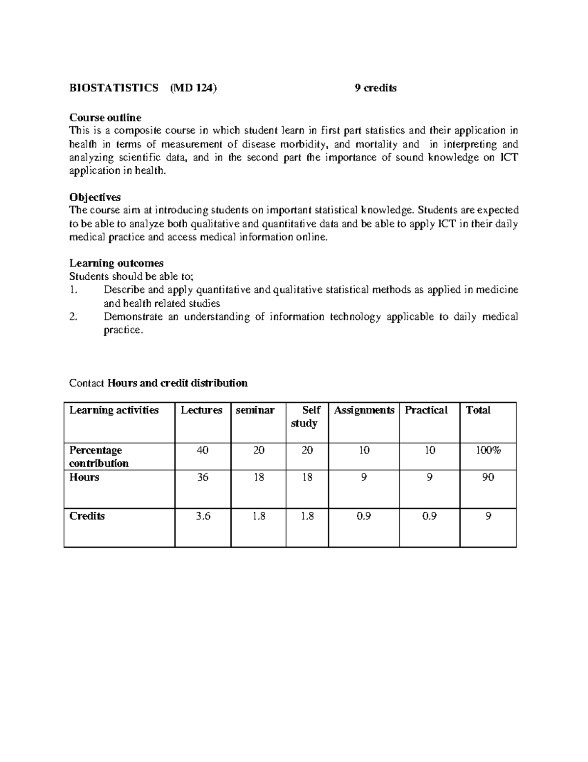 Biostatistics Course Outline - BIOSTATISTICS (MD 124) 9 credits Course outline This is a ...