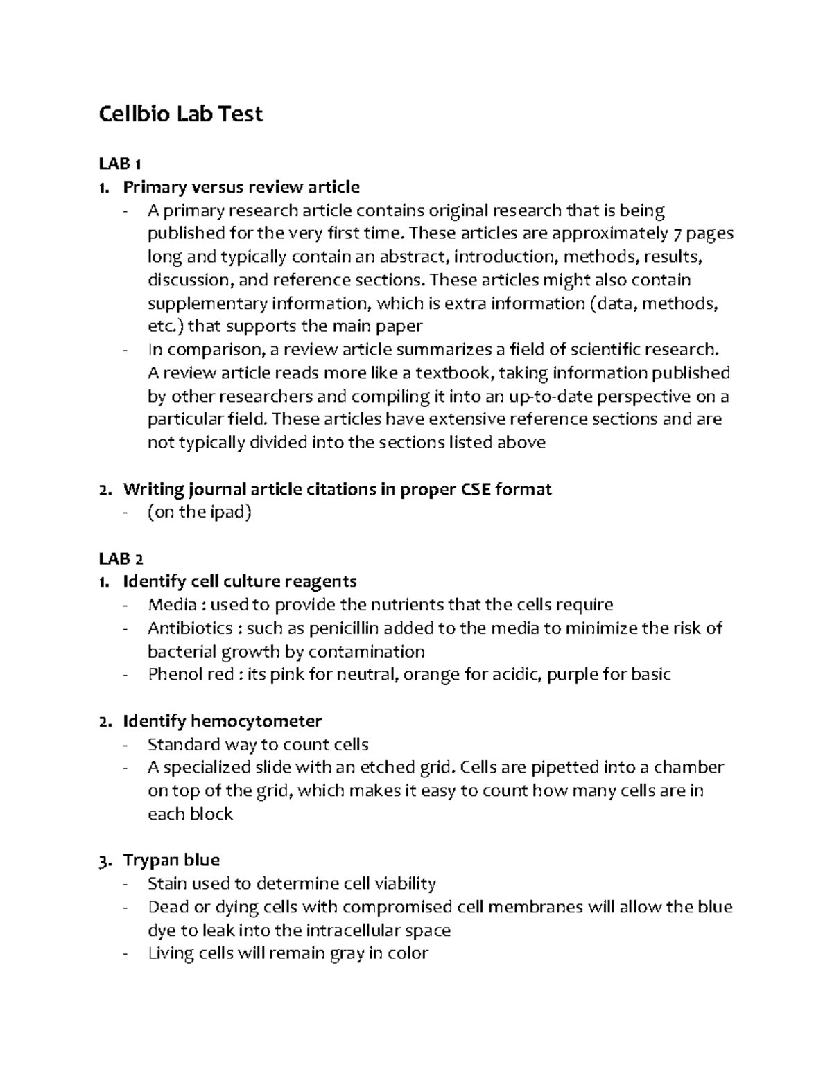 Cellbio Lab Test content summarized, lab 1-7 - BIOL 2020 - Dal - Studocu