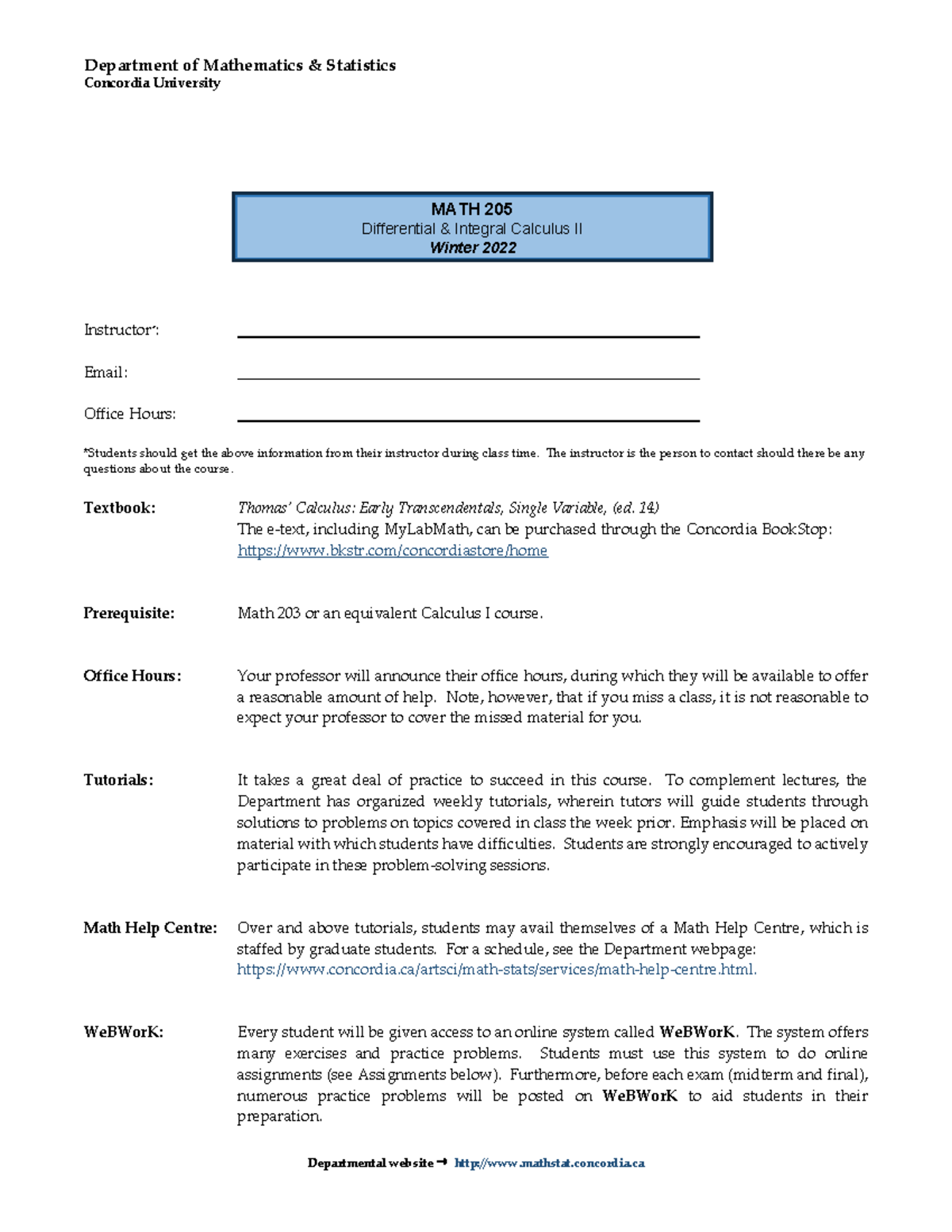 MATH205 course outline - Departmental website mathstat.concordia ...