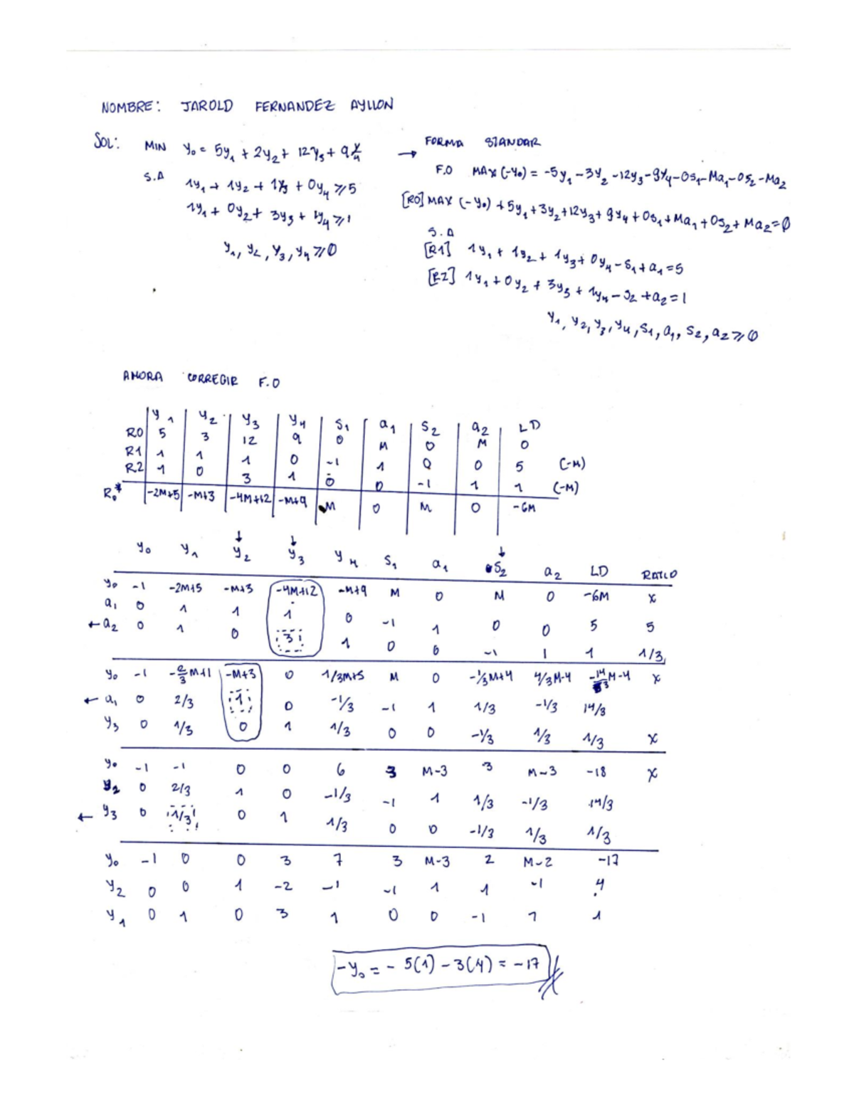Tarea IO - prctica uwu - NOMBRE: JAROLD FERNANDEZ AYLLON SOL: MIN 5y, FORMA STANDAR F S ry, 1Y2 ...
