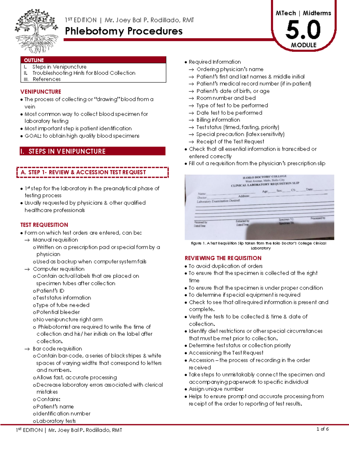 MLS 101B Lesson 5- Phlebotomy Procedures - 1 of 6 Phlebotomy Procedures ...
