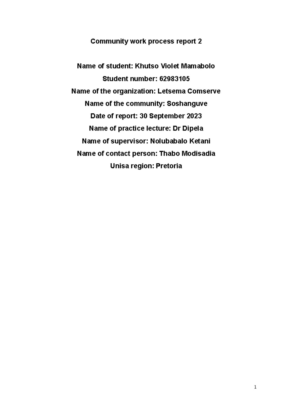 Community work process report 2 - Factual information - Studocu