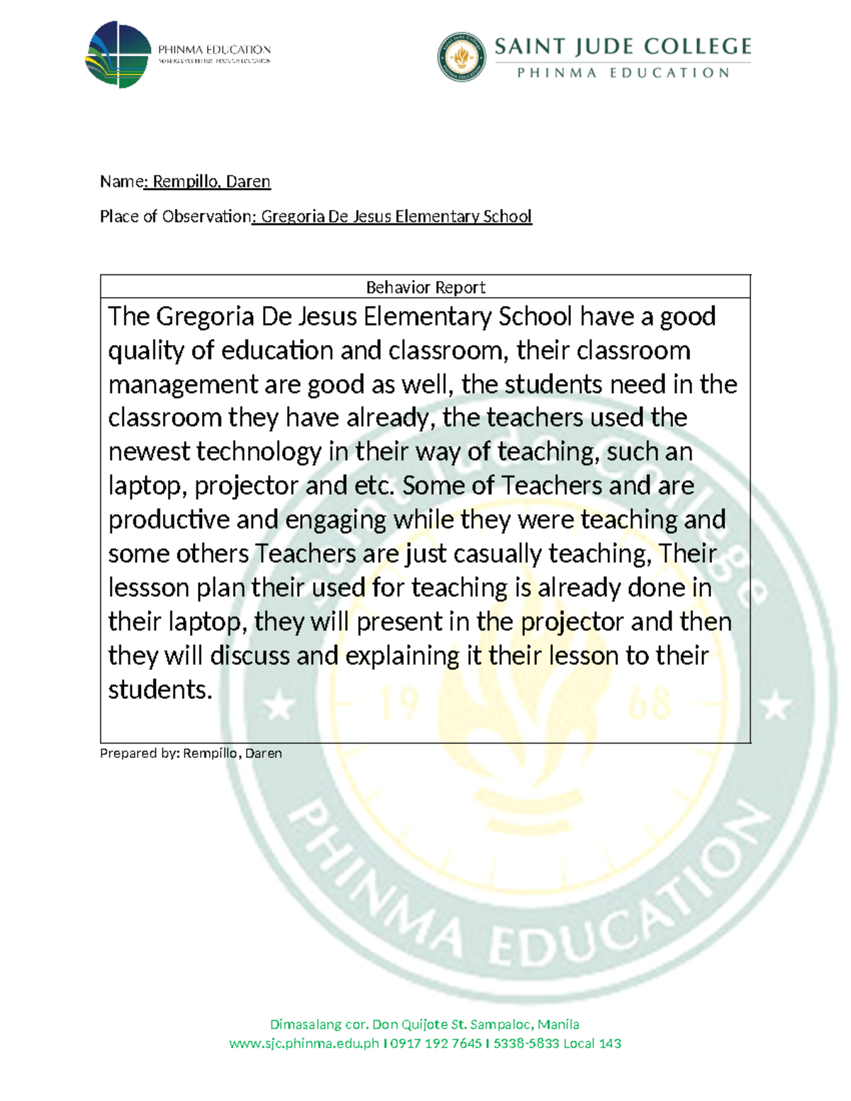 Irish - NOTES - Name: Rempillo, Daren Place of Observation: Gregoria De ...