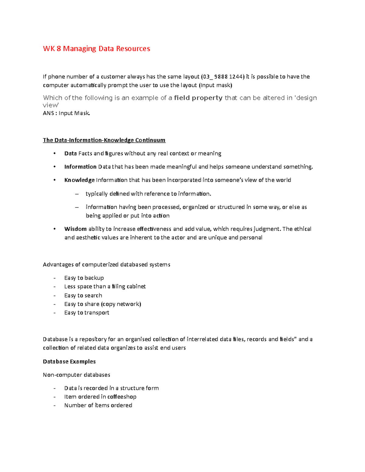 Computing Notes - WK 8 Managing Data Resources If phone number of a ...