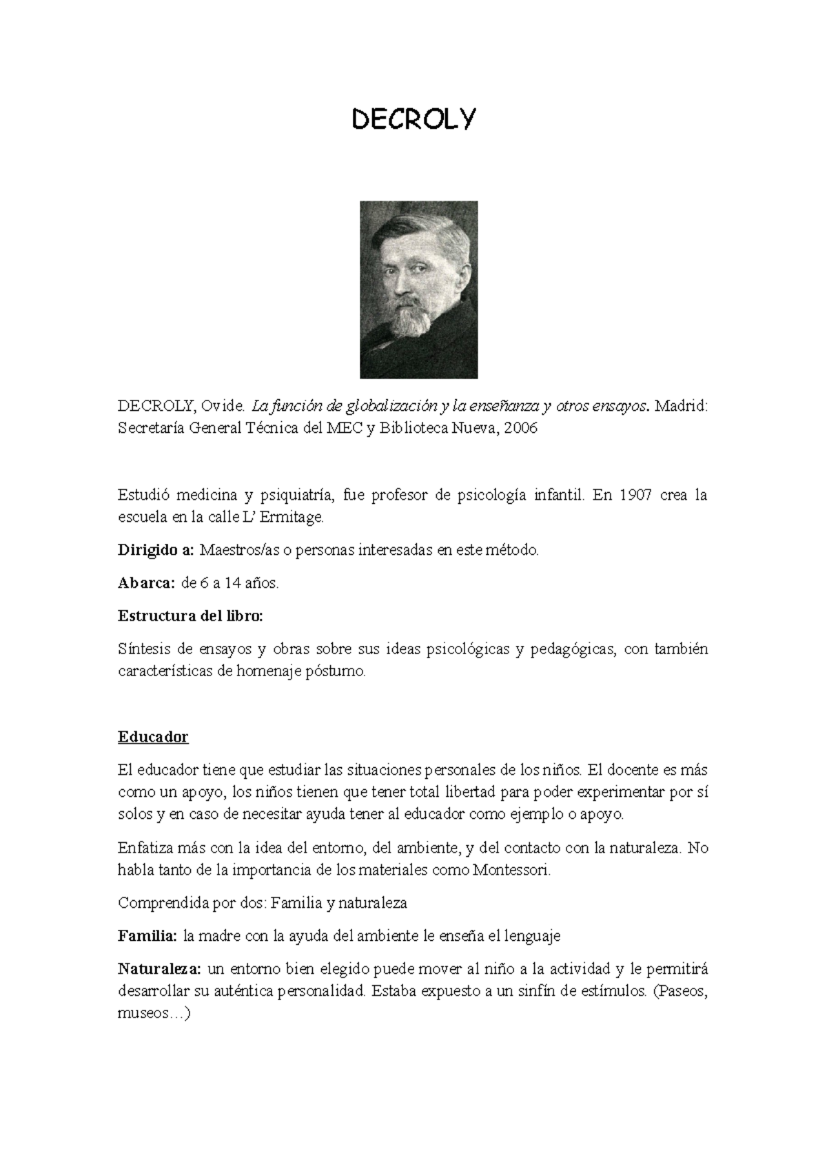 Decroly - DECROLY DECROLY, Ovide. La función de globalización y la ...