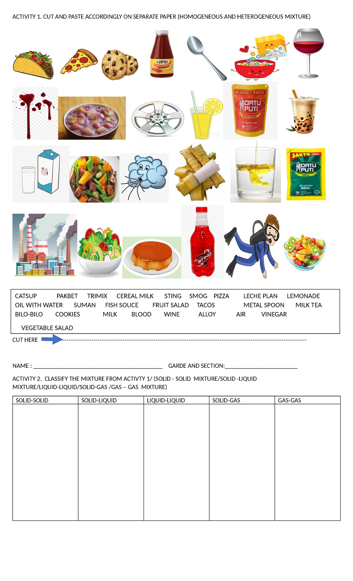 Activity 1 - HOMOGENEOUS MIXTURE AND HETEROGENEOUS MIXTURES - ACTIVITY ...