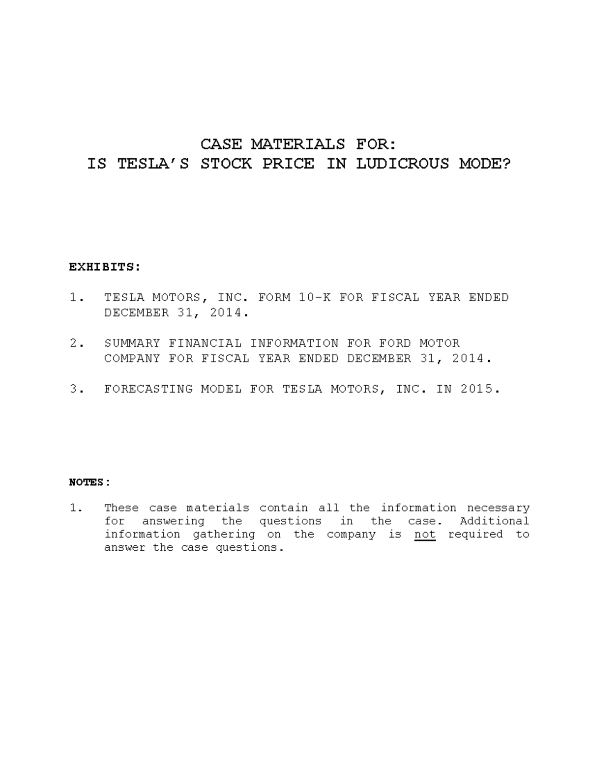 Tesla Case Materials - CASE MATERIALS FOR: IS TESLA’S STOCK PRICE IN ...