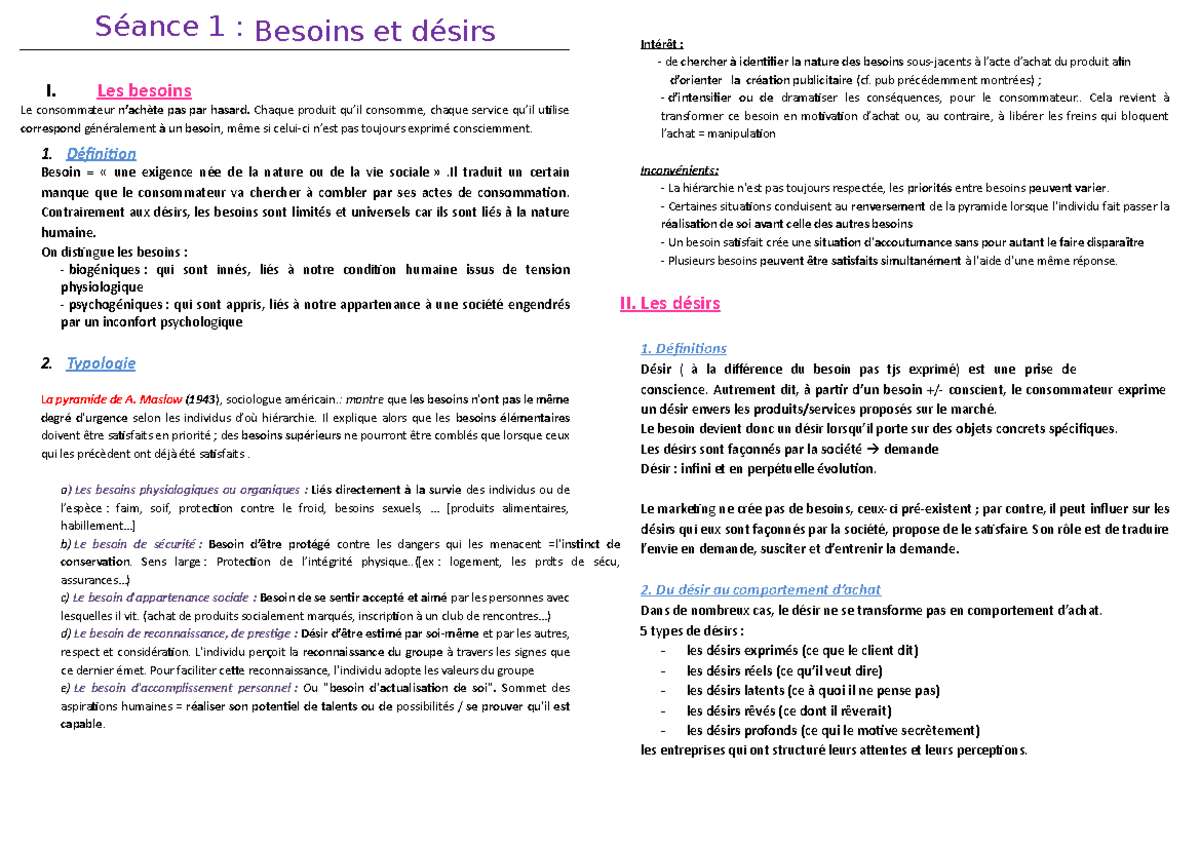 F- TD1 Besoins ET Desirs - Séance 1 : Besoins et désirs I. Les besoins ...
