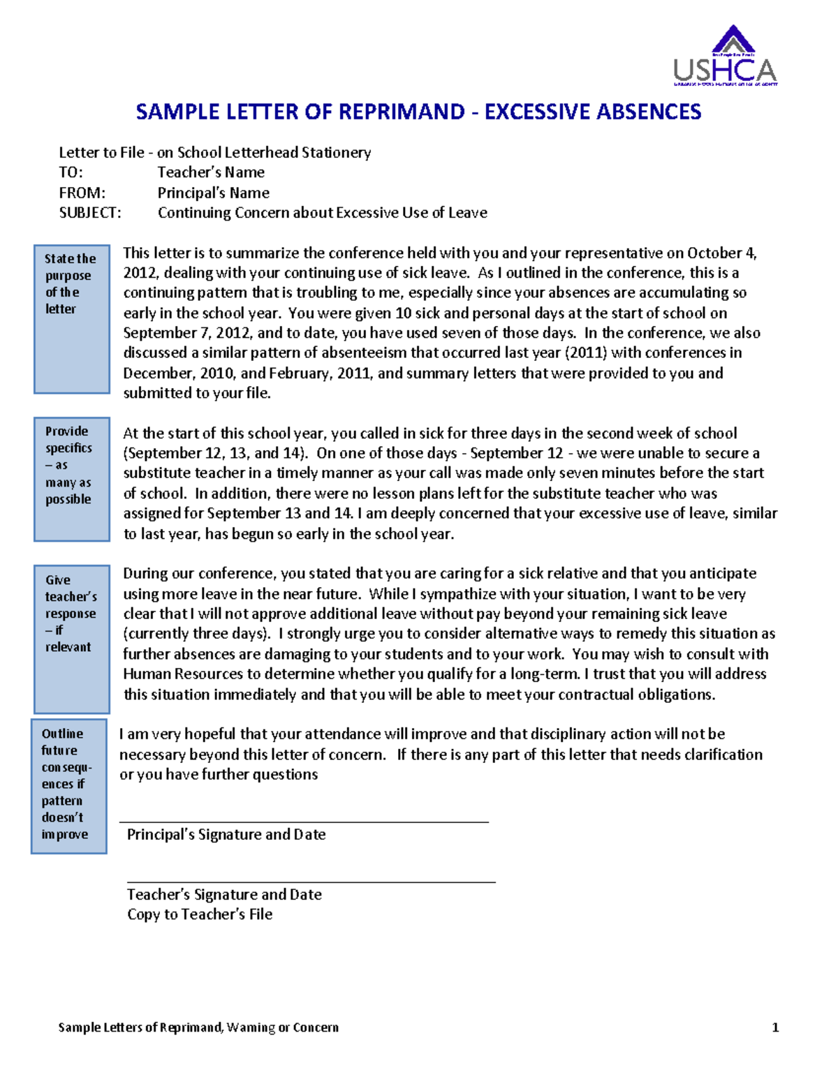 A Collection of Letters of Reprimand - USHCAURBAN SCHOOLS HUMAN CAPITAL ...