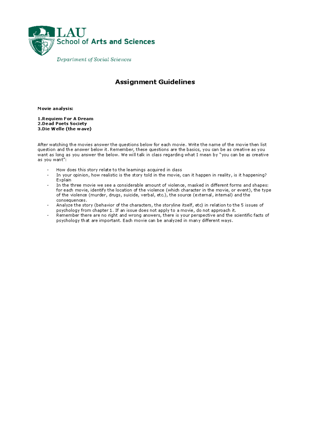PSY-201 - Assignment Guidelines - Assignment Guidelines Movie analysis ...