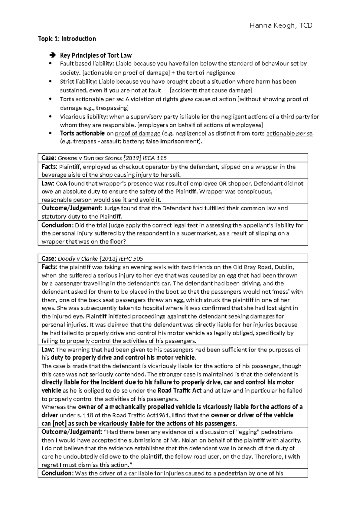 Torts Exam notes complete - Topic 1: Introduction Key Principles of ...