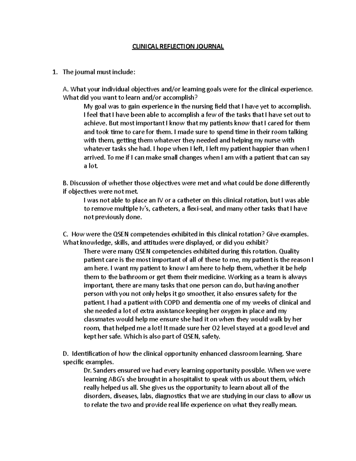 Clinical Reflection Journal - CLINICAL REFLECTION JOURNAL The journal ...