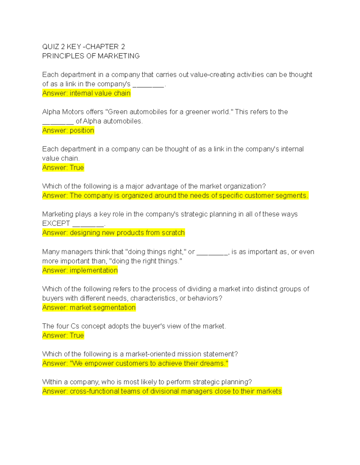QUIZ 2-Key- chapter 2 - QUIZ 2 KEY -CHAPTER 2 PRINCIPLES OF MARKETING ...