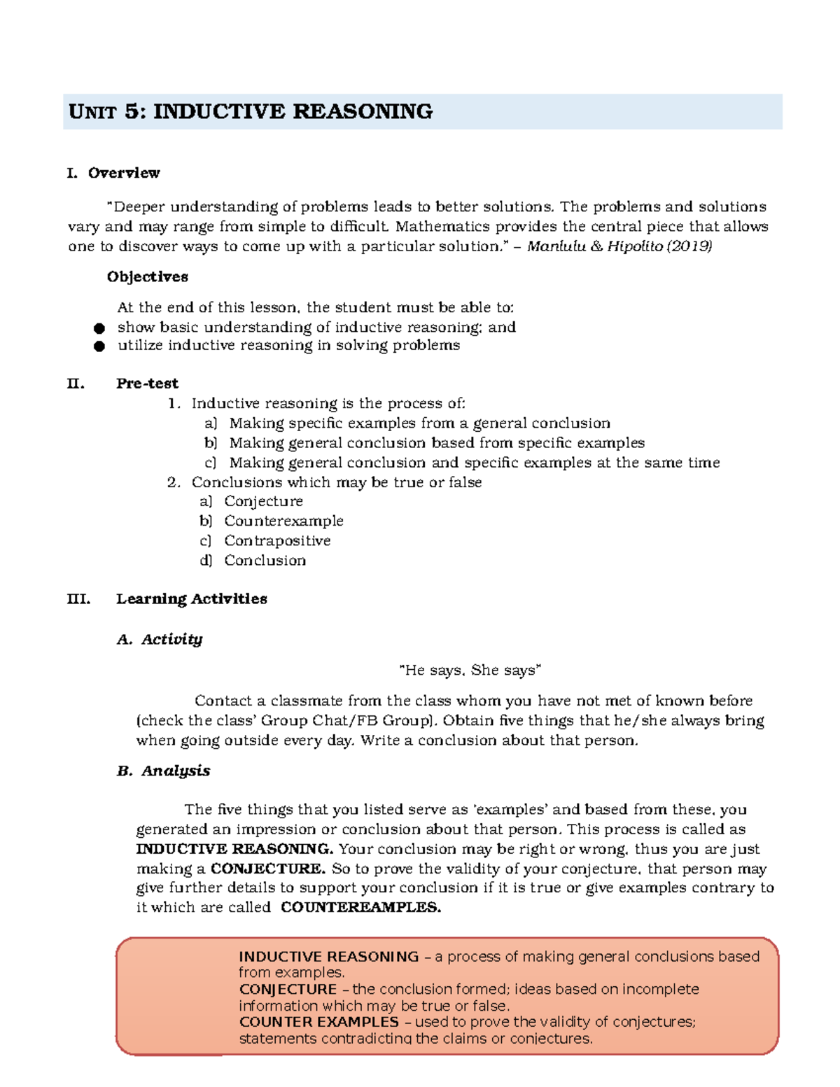 MATHEMATICS MODULE - UNIT 5: INDUCTIVE REASONING I. Overview “Deeper ...