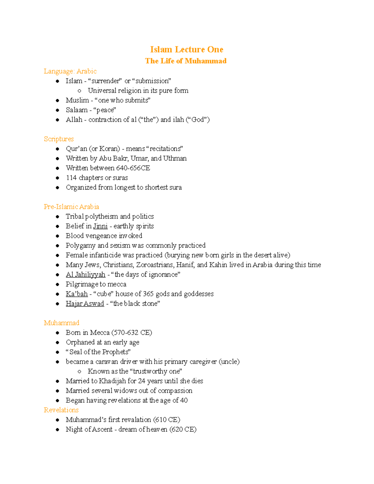 Chapter 13 Islam Lecture Notes - Islam Lecture One The Life of Muhammad ...