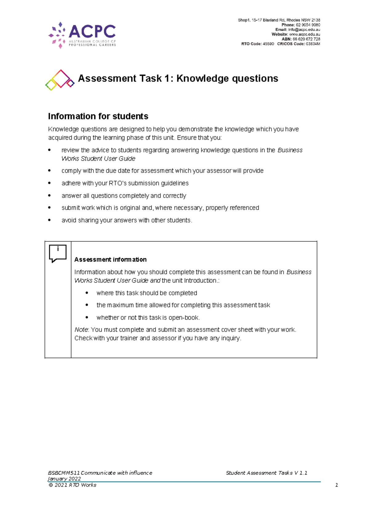 1 RS Bsbcmm 511 Task 1 - Assessment Task 1: Knowledge questions Information for students ...