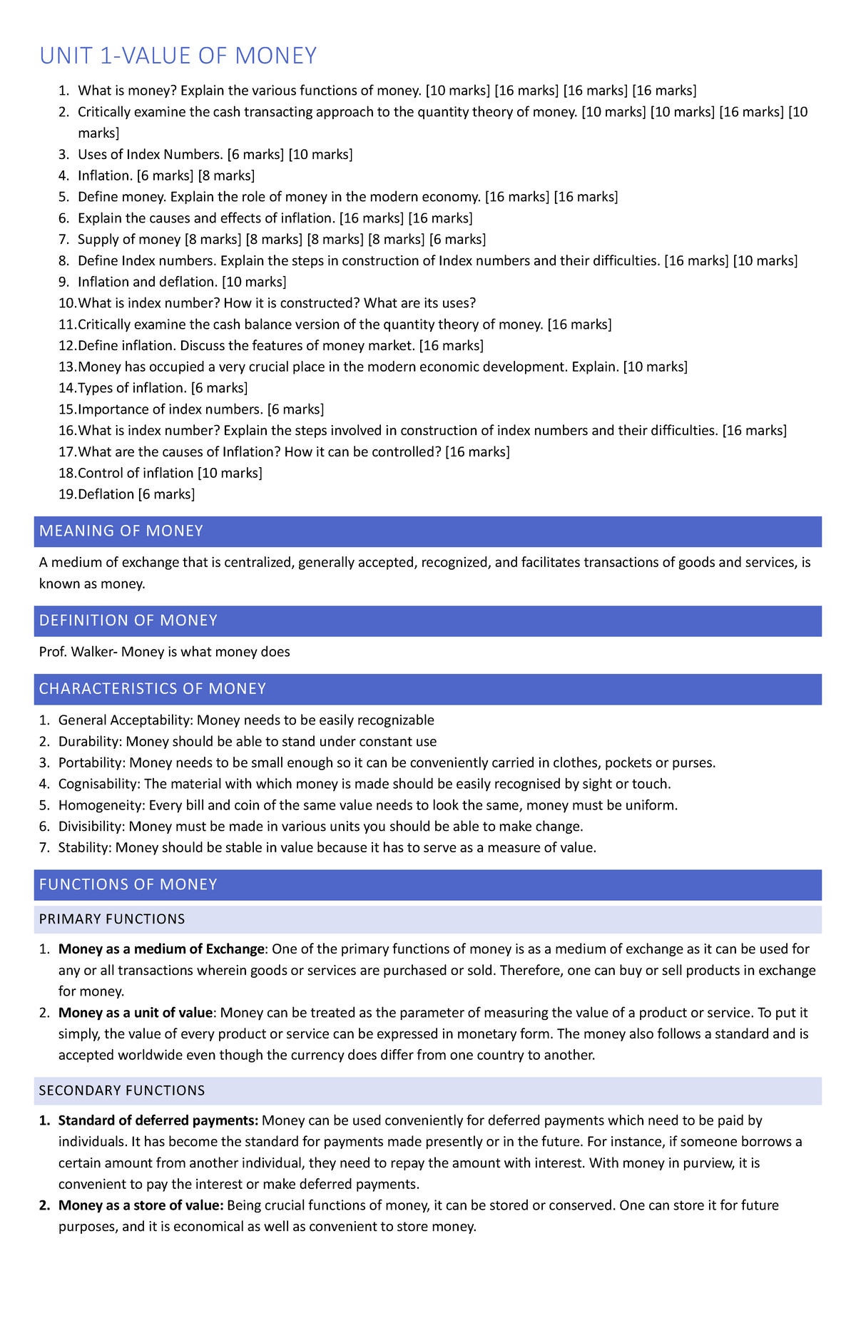 UNIT 1: value of money - UNIT 1-VALUE OF MONEY What is money? Explain ...