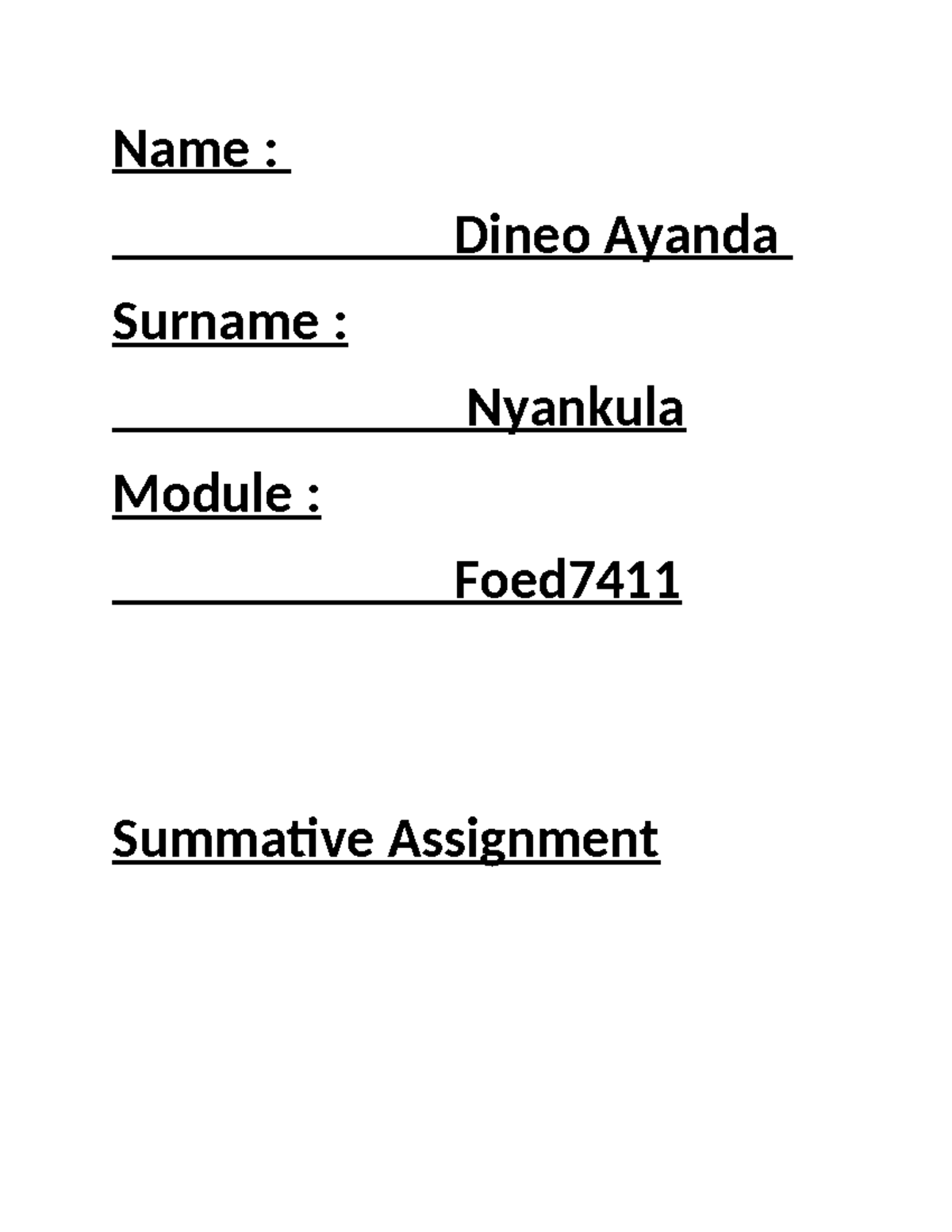 Summative assignment foed final - Name : Dineo Ayanda Surname ...