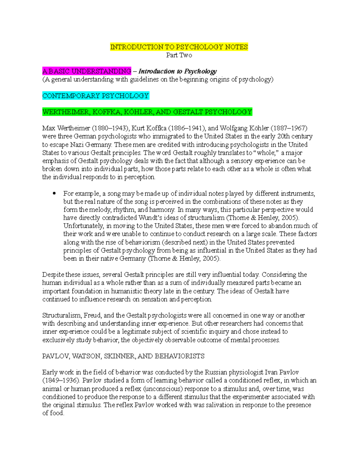 Introduction TO Psychology Notes Part Two - INTRODUCTION TO PSYCHOLOGY ...