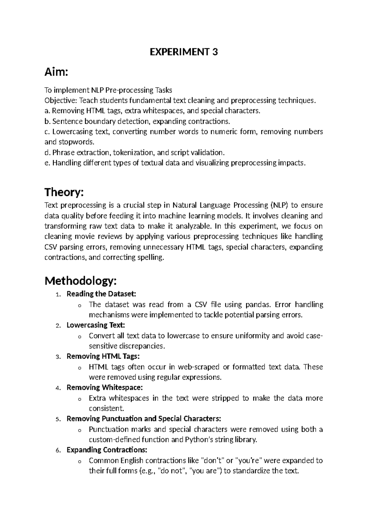 Experiment 3 - EXPERIMENT 3 Aim: To implement NLP Pre-processing Tasks Objective: Teach students ...