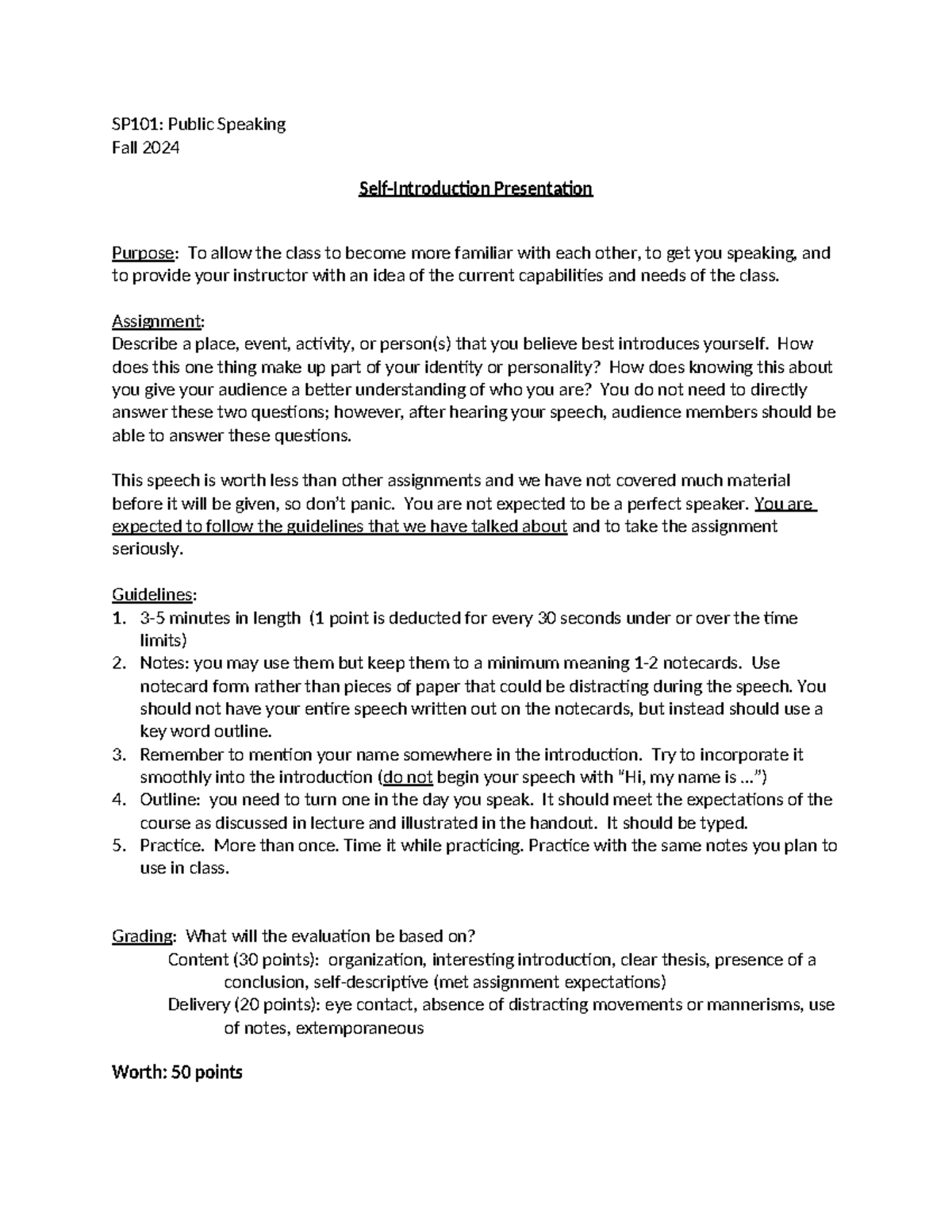 1st speech-self-intro - SP101: Public Speaking Fall 2024 Self ...