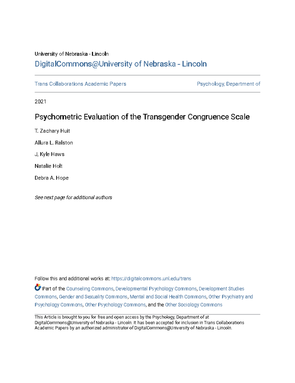 Psychometric Evaluation of the Transgender Congruence Scale - Zachary ...