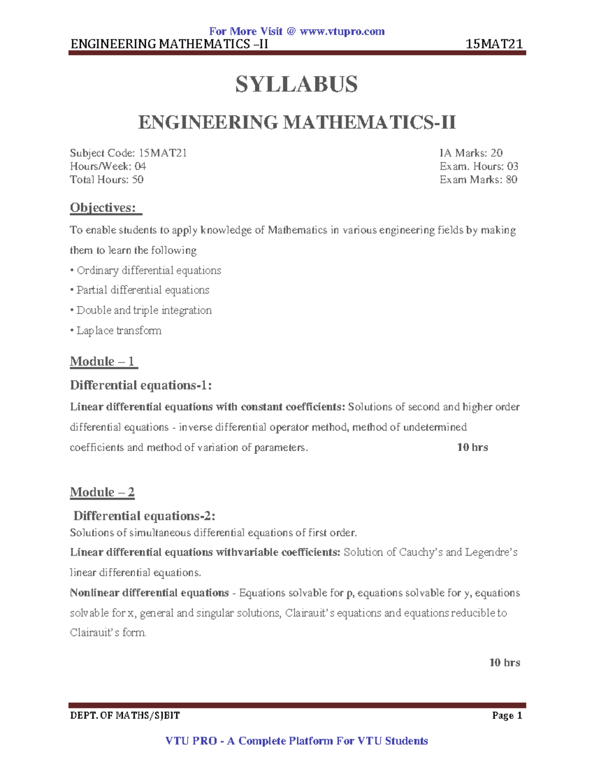 Engineering Maths II 15MAT21 Notes - ENGINEERING MATHEMATICS – II 15MAT ...