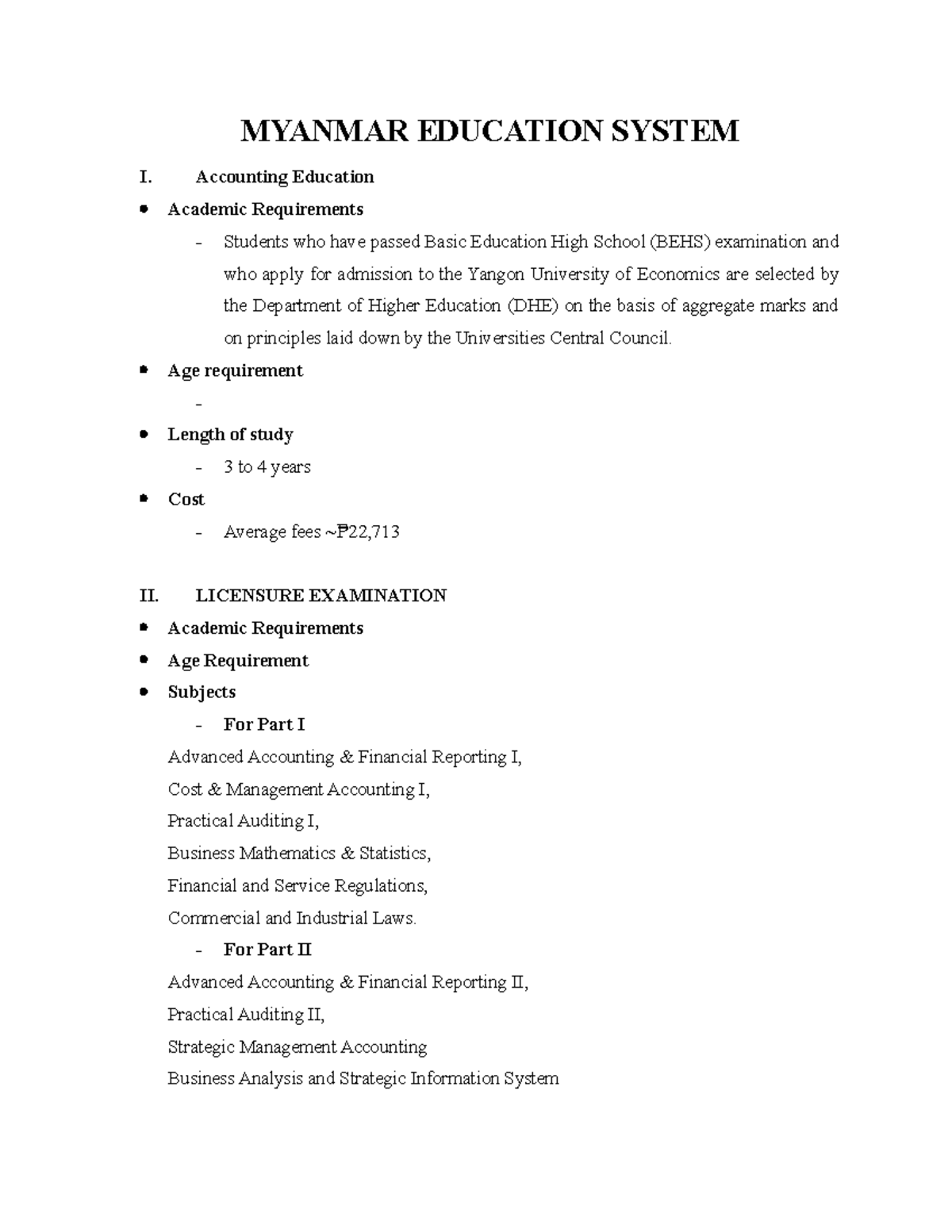 Final Myanmar Education System - MYANMAR EDUCATION SYSTEM I. Accounting ...