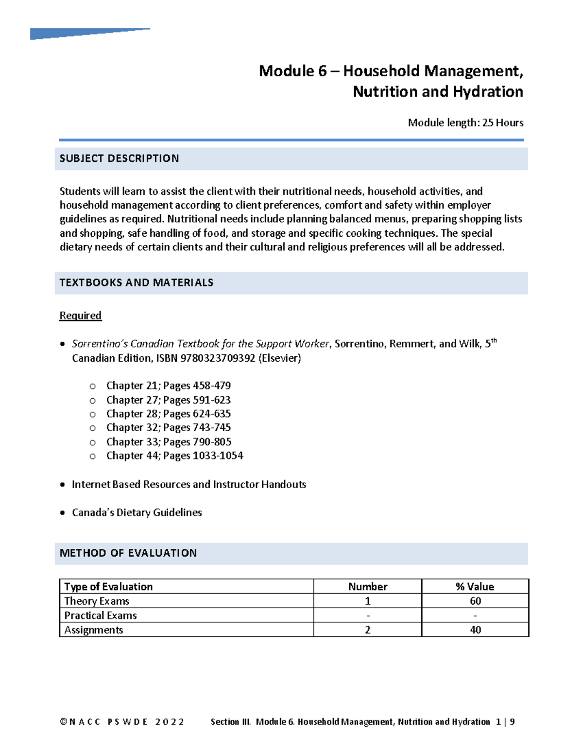 Syllabus - Module 6 – Household Management, Nutrition and Hydration ...