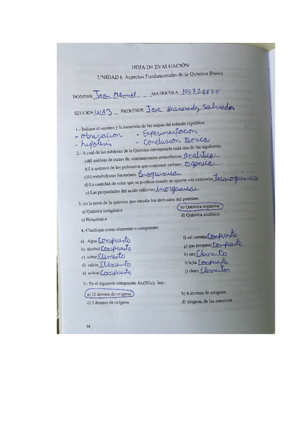 Química 3 - Trabajo - HOJA DE EVALUACIÓN UNIDAD I. Aspectos ...