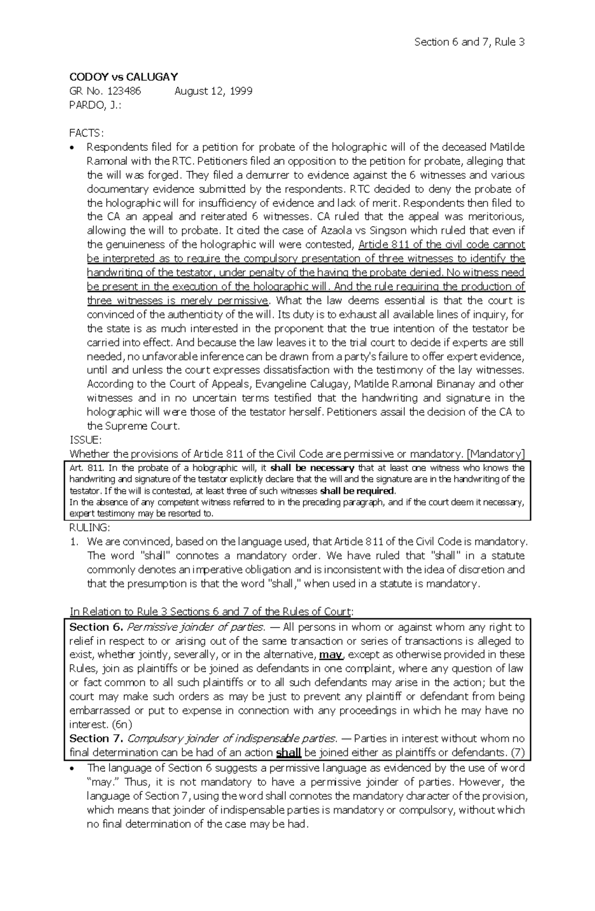Rule 3 Sections 6 and 7 - Codoy vs Calugay - Section 6 and 7, Rule 3 ...