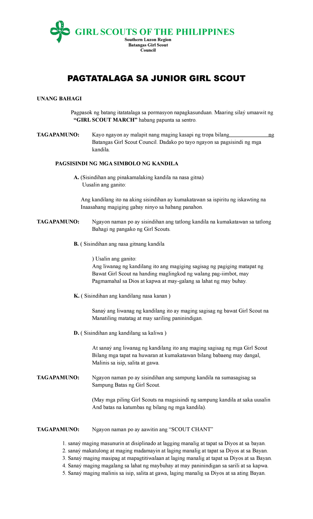 Pagtatalaga SA Junior GIRL Scout - GIRL SCOUTS OF THE PHILIPPINES ...