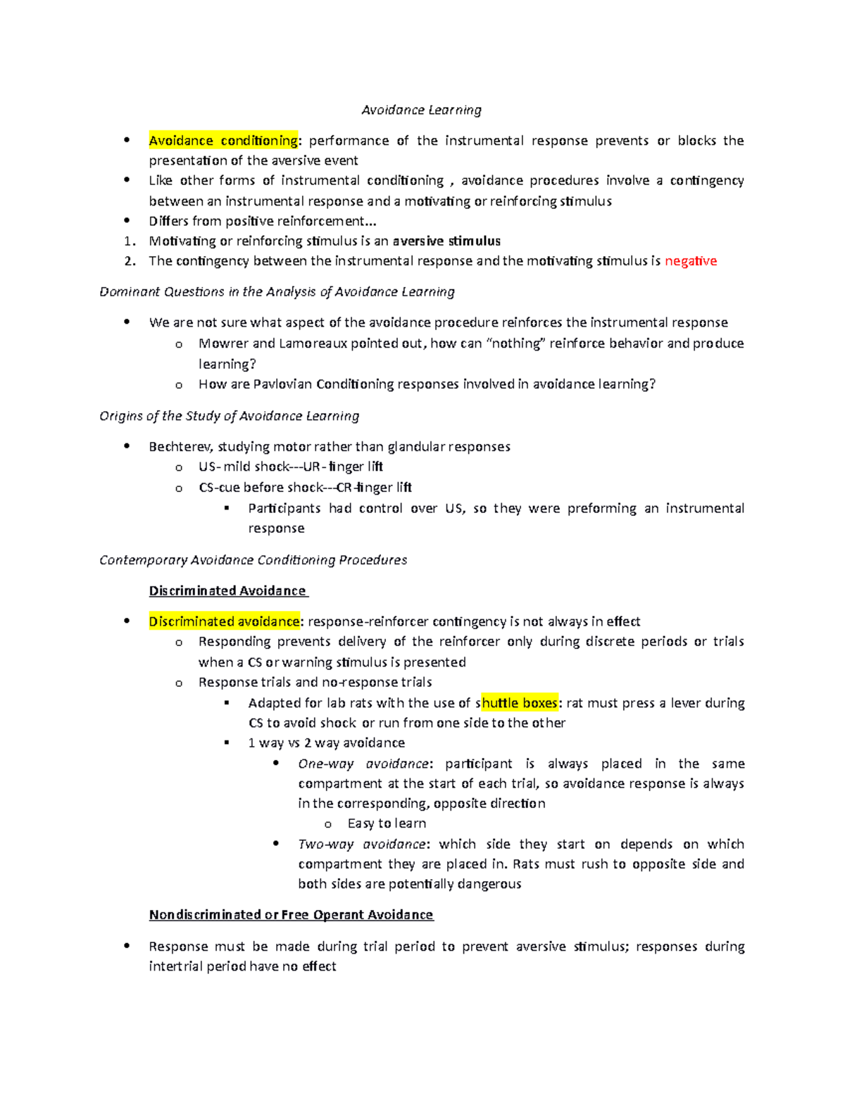 Chapter 12 - Lecture and reading notes - Avoidance Learning Avoidance ...
