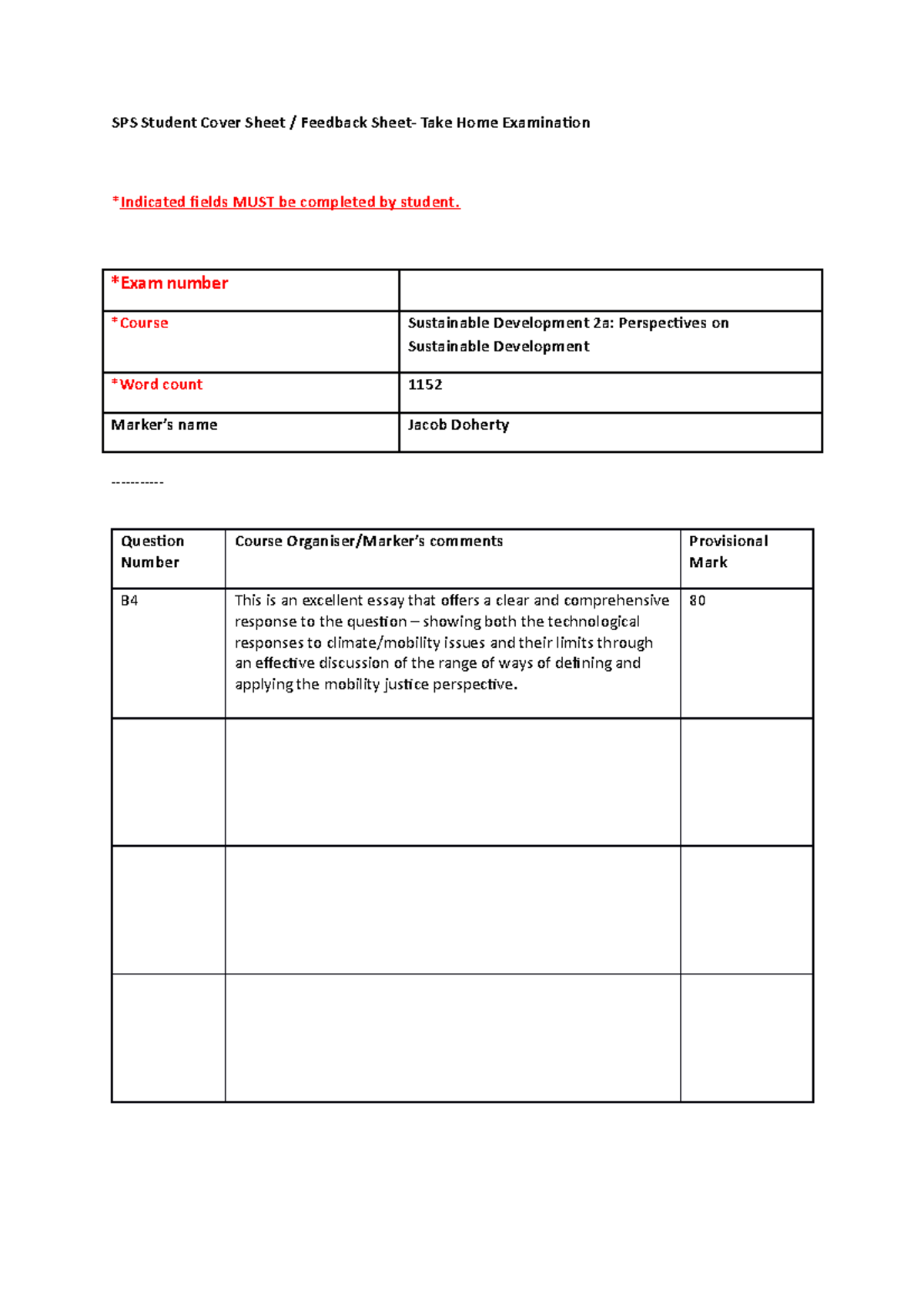 Example 2 - exam essay question - SPS Student Cover Sheet / Feedback ...