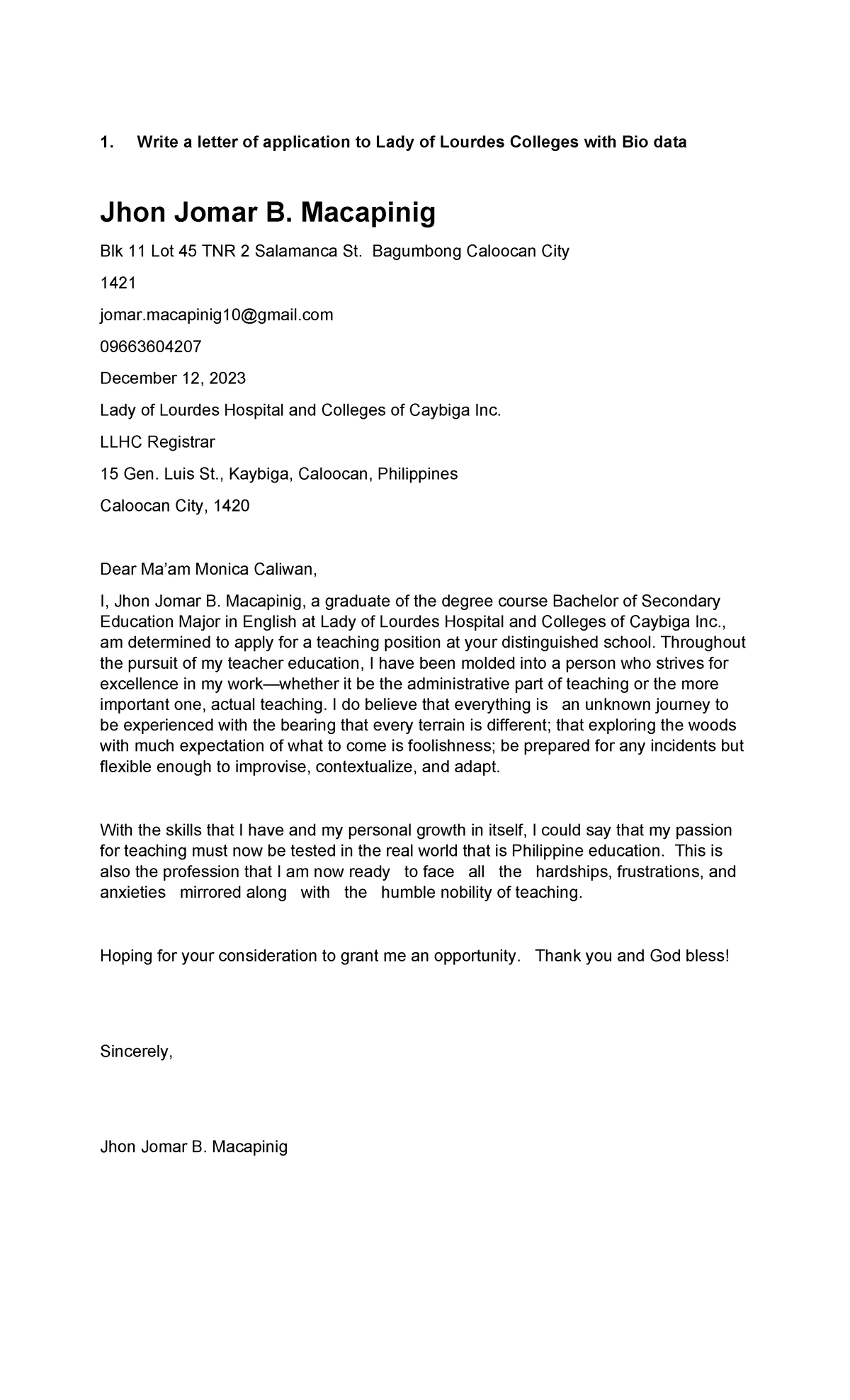 Technical W - 1. Write a letter of application to Lady of Lourdes ...