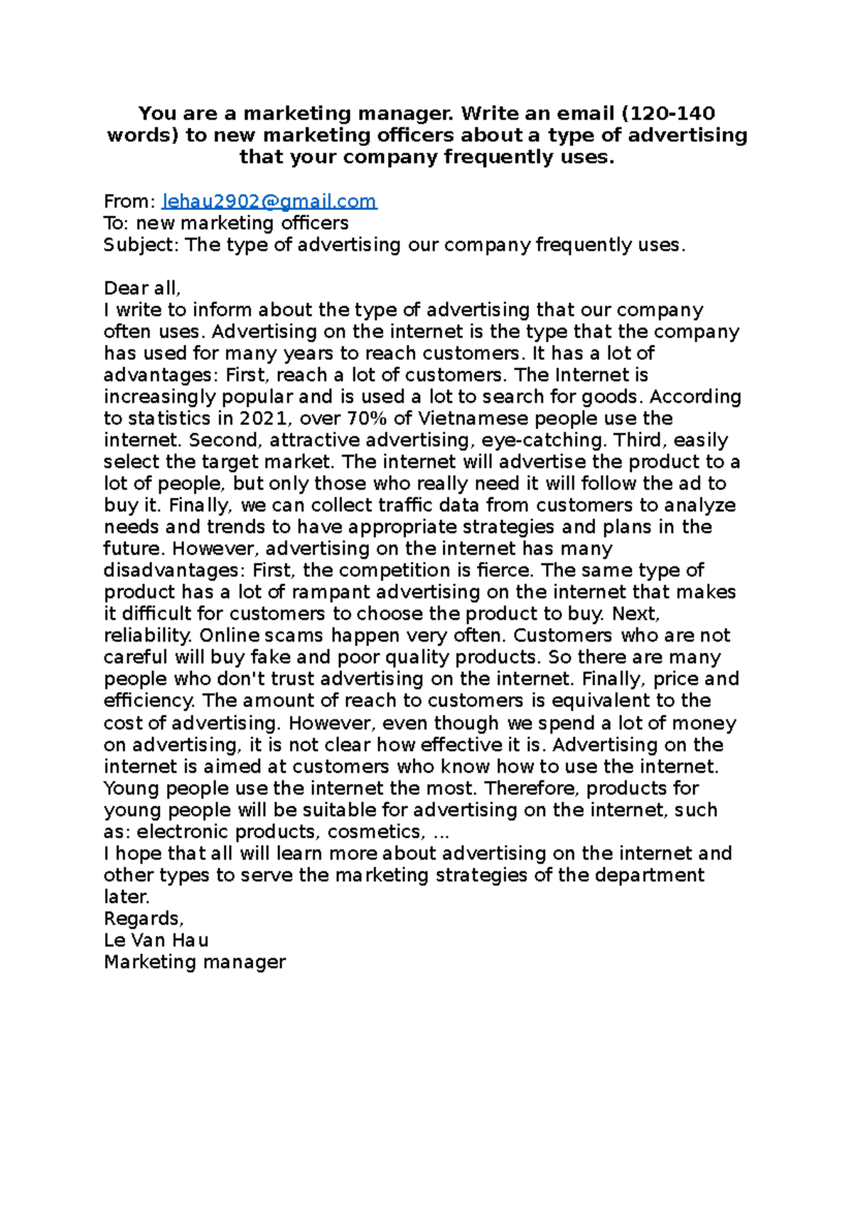 Writing 4 You Are A Marketing Manager Write An Email 120 Words To