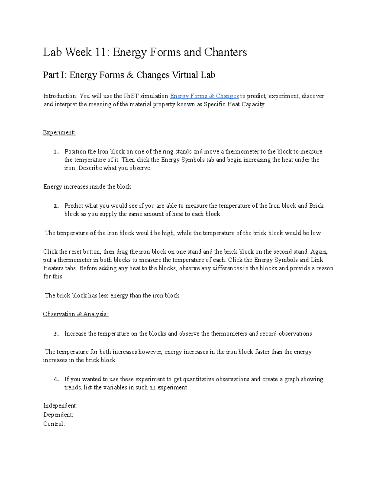 Lab Week 11 Energy Transformations and Pendulums - Lab Week 11: Energy Forms and Chanters Part I ...
