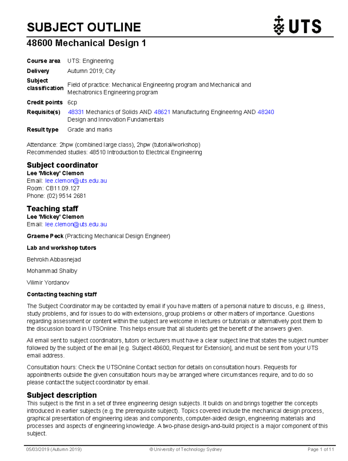 48600 UTS Autumn 2019 Subject Outline - SUBJECT OUTLINE 48600 ...