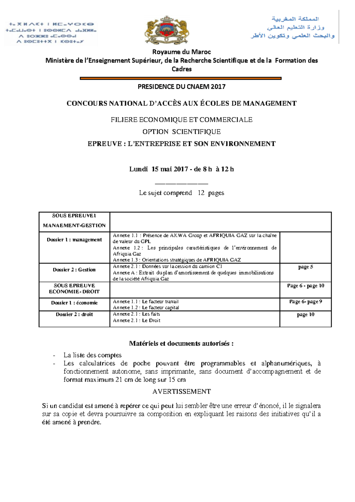 Cnaem entreprise et enviro ecs 2017 - Royaume du Maroc Ministère de l’Enseignement Supérieur, de ...